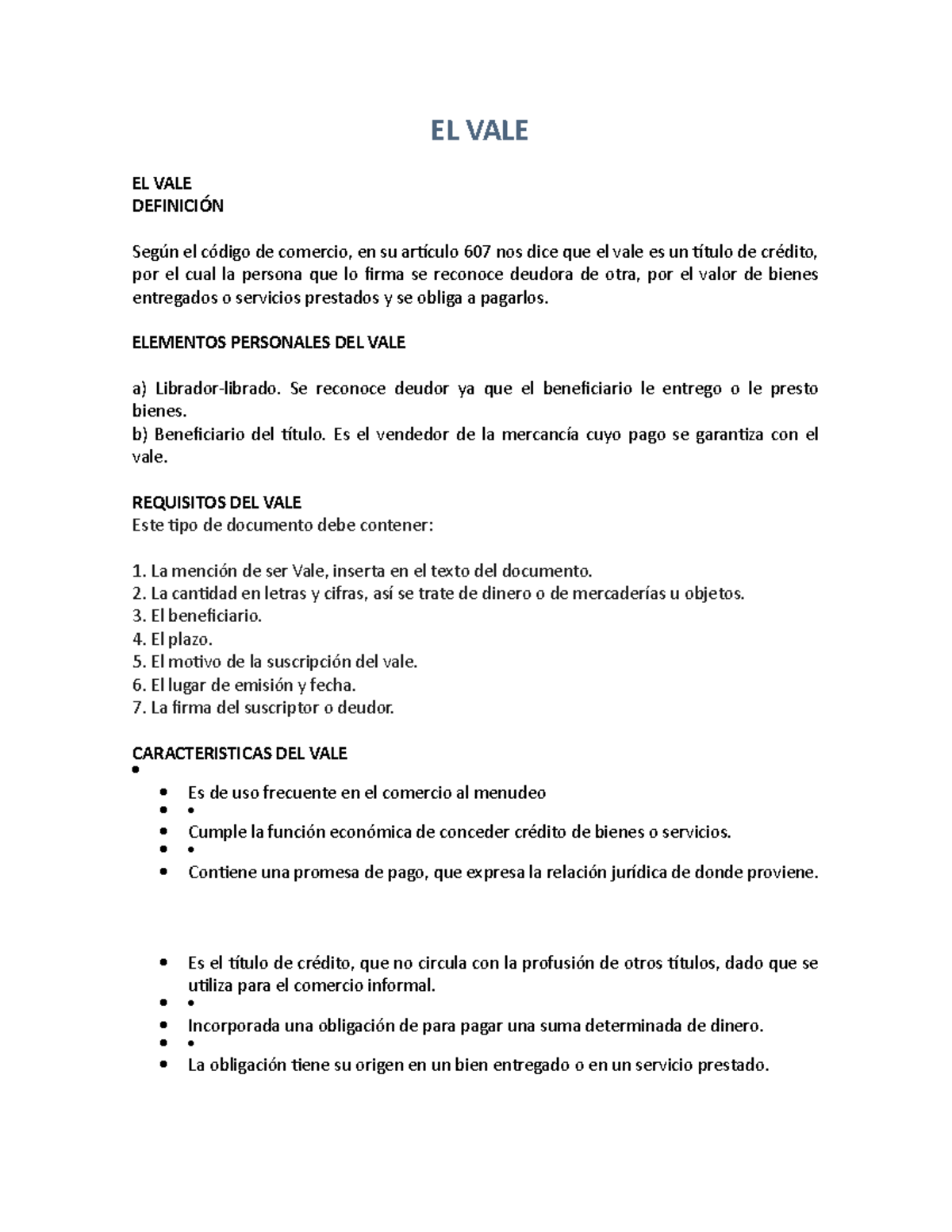 Clasificación y Elementos del Vale: Análisis Detallado - Studocu