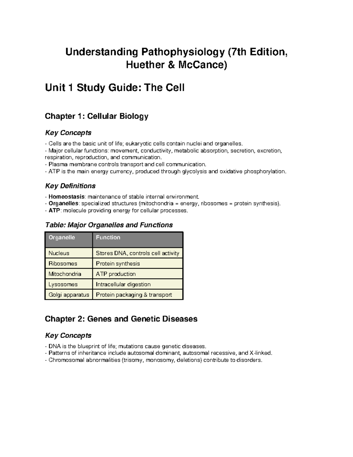 Unit 1 Pathophysiology Study Guide: Cellular Biology & Genetics - Studocu