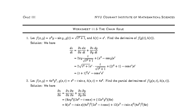 Calc NYU CIMS Worksheet 11.5: Chain Rule Solutions - Studocu