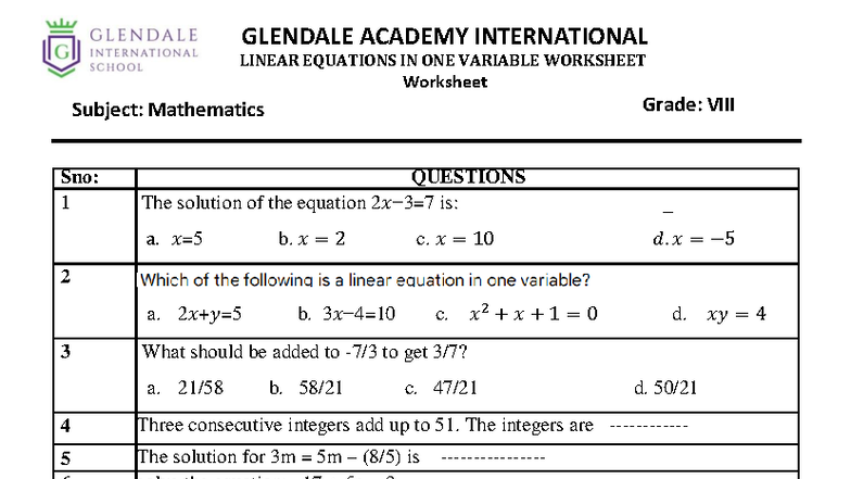 GLENDALE ACADEMY INTERNATIONAL G8 Linear Equations Worksheet - Studocu