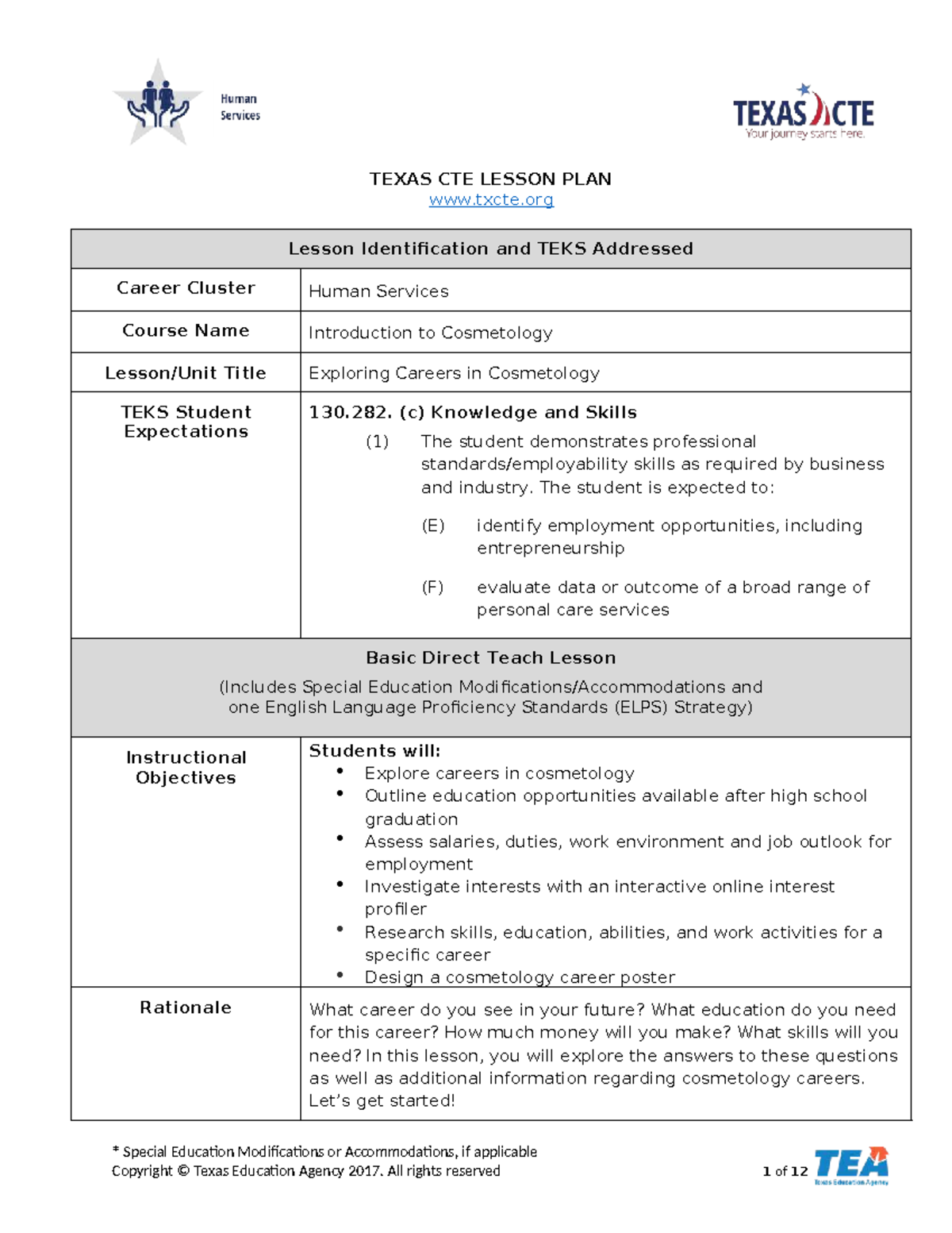 Lesson Plan - Exploring Careers in Cosmetology 0 - TEXAS CTE LESSON ...