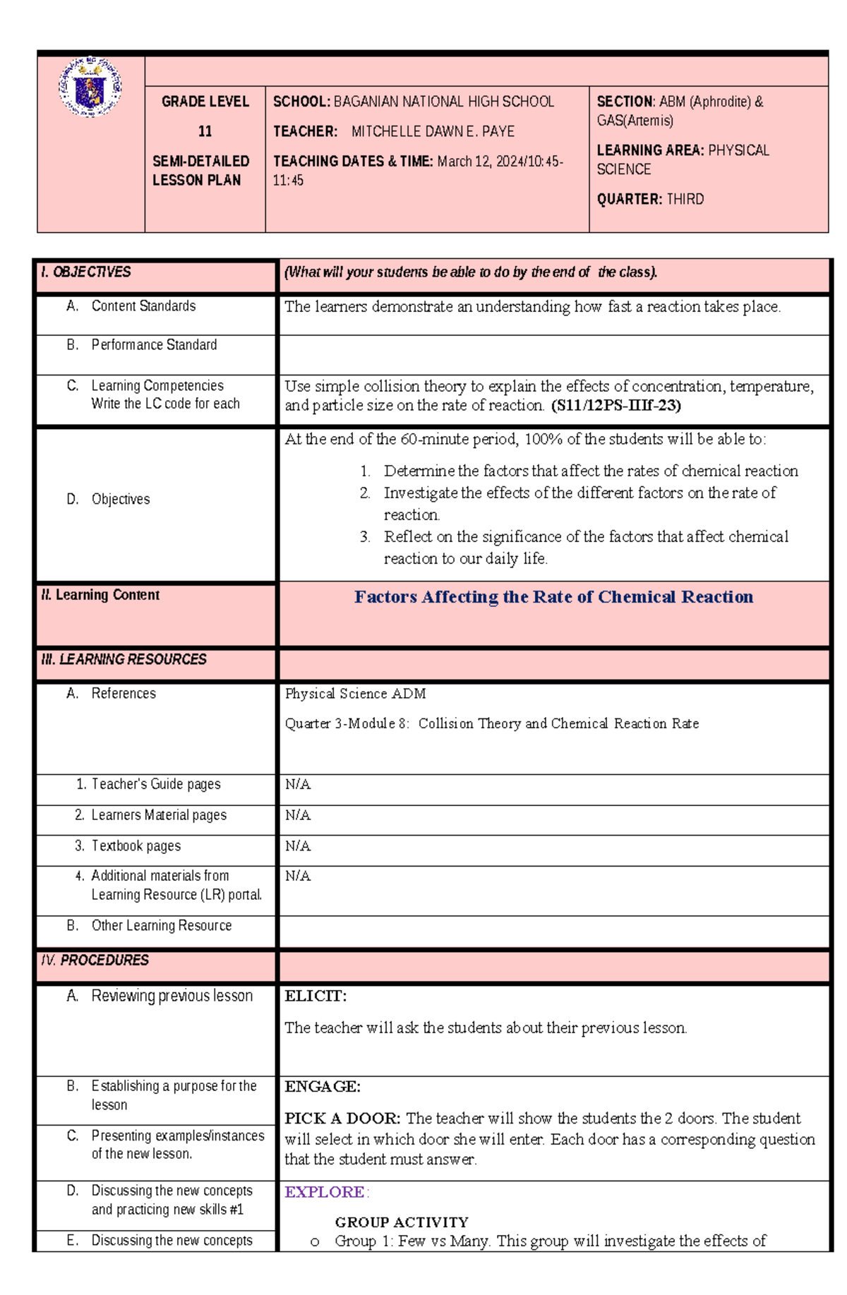 COT1 Lesson Plan on Factors Affecting Chemical Reaction Rates - Studocu
