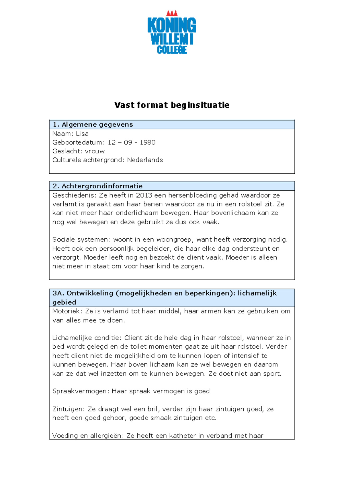 Vast Format Beginsituatie van Cliënt Lisa: Begeleidingsplan en Doelen ...