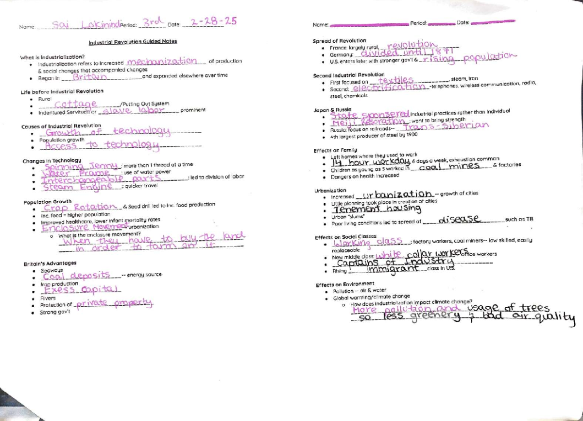 Industrial Revolution Guided Notes: Key Causes and Effects Analysis ...