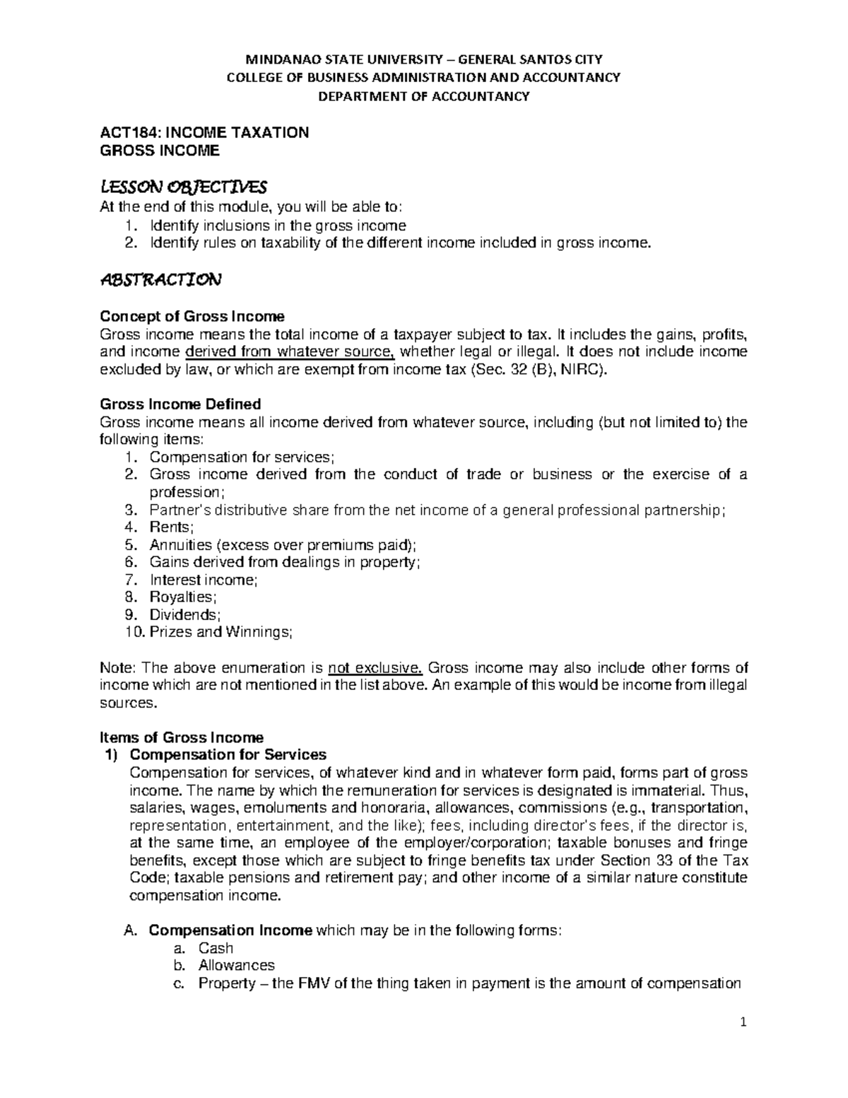 Module 6 Income Taxation Gross Income Warning Tt Undefined Function 32 College Of