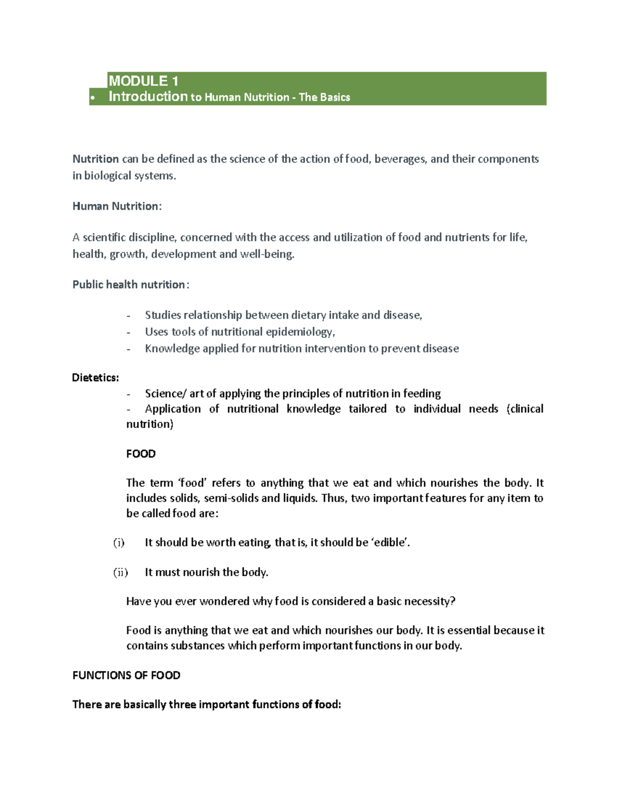 Nutrition Module 1 - Fundamentals of Human Nutrient Science - Studocu