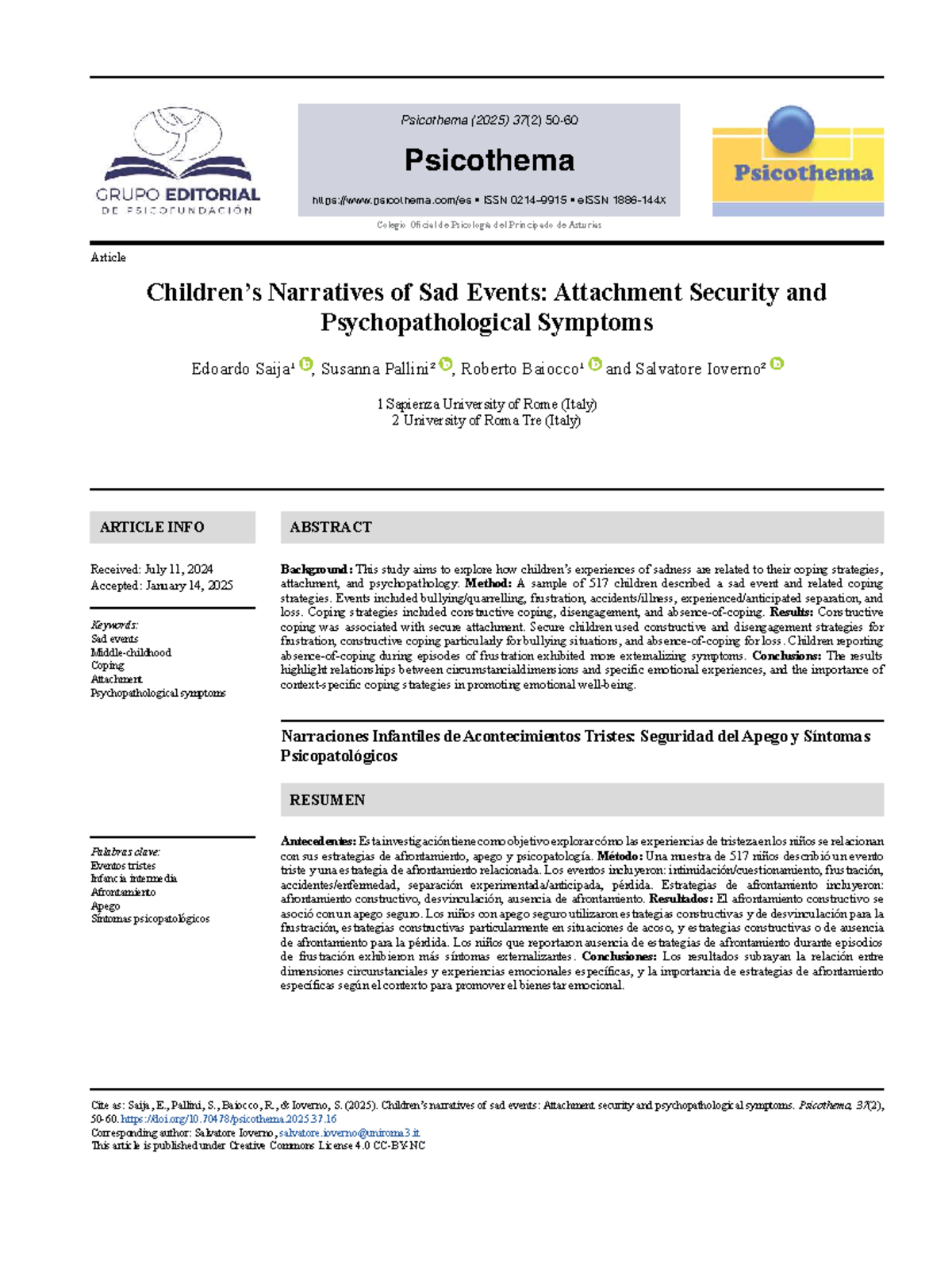 Narratives of Sad Events: Attachment Security and Coping Strategies in ...