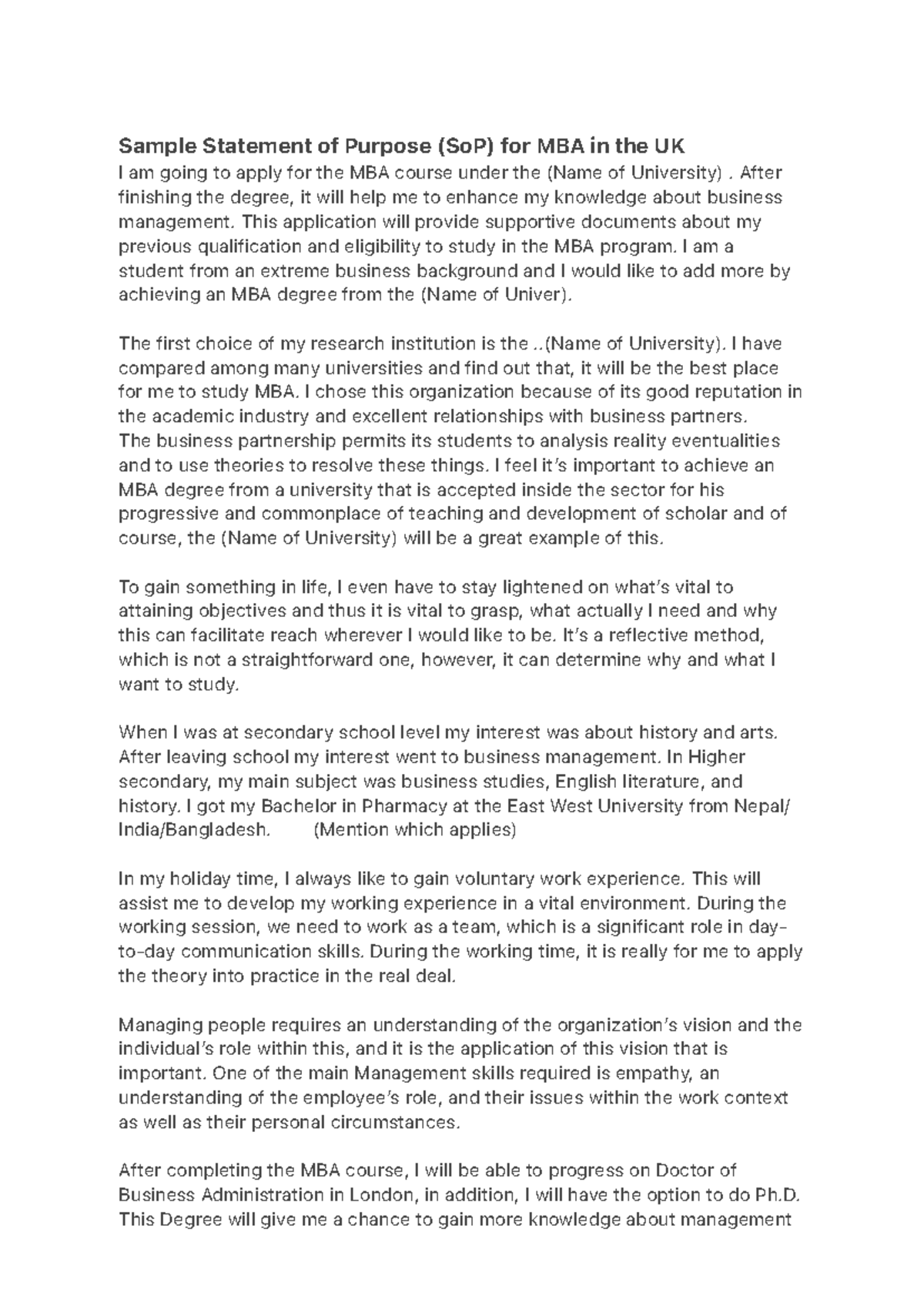 Sample SoP for MBA Application in the UK - Admission Guide - Studocu