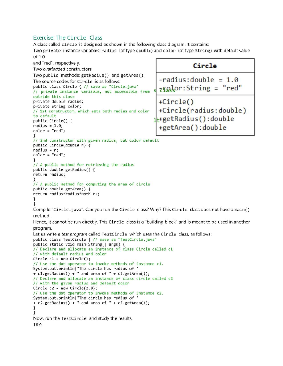 Java Lab02: Exercise on Circle Class Implementation - Studocu