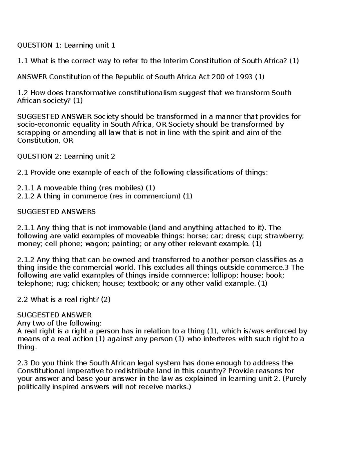 Just questions and answers - QUESTION 1: Learning unit 1 1 What is the ...