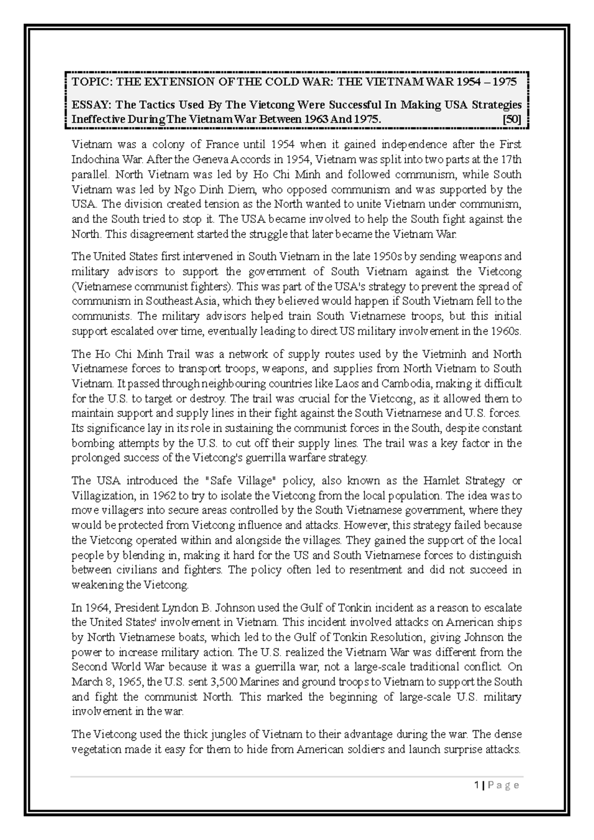 Vietnam War Essay (1954-1975): Vietcong Tactics vs. US Strategies - Studocu