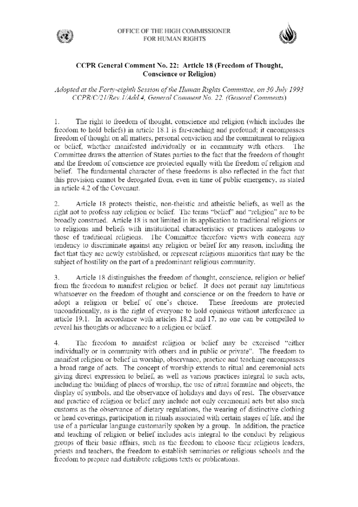 CCPR General Comment No. 22: Article 18 on Freedom of Thought and ...