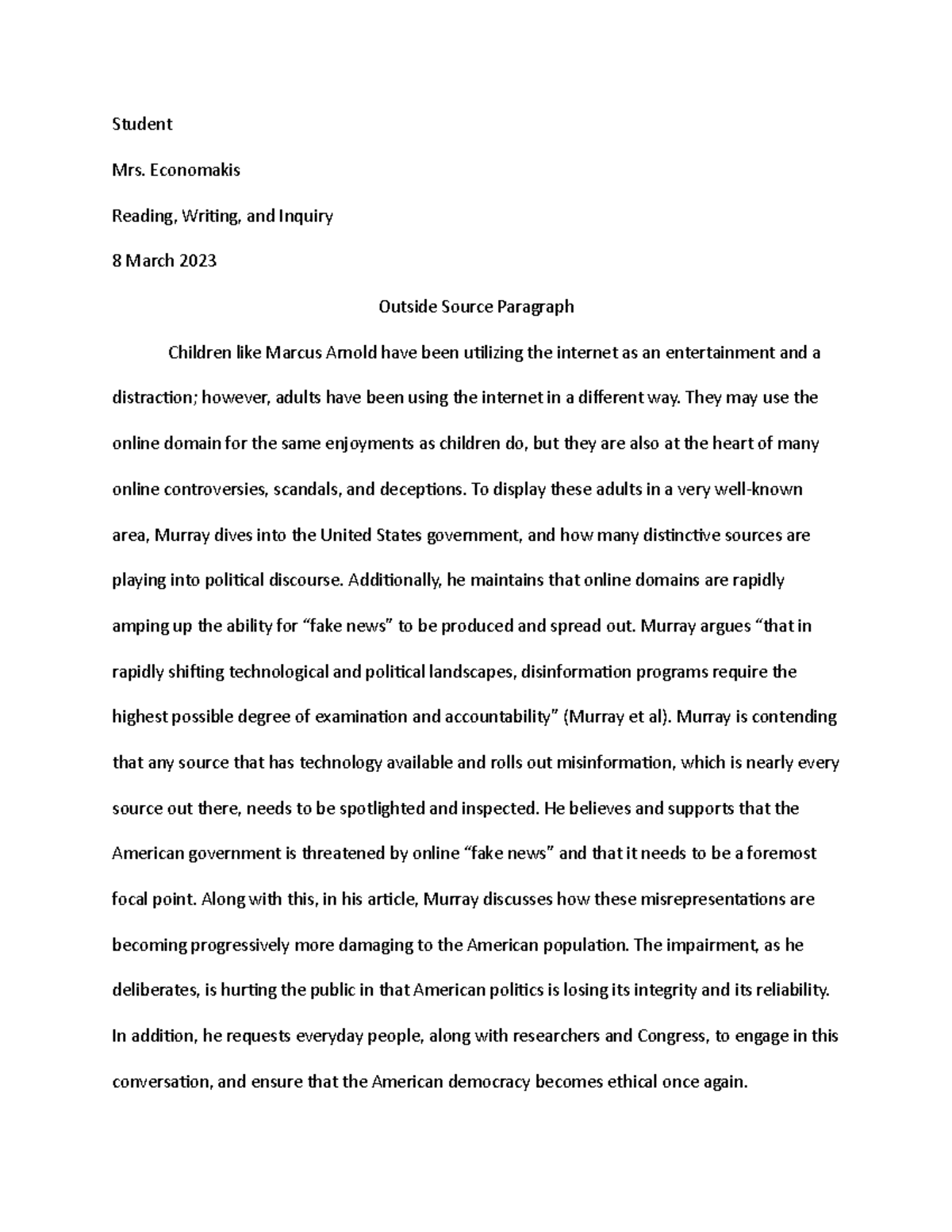 Outside Source Paragraph - Student Mrs. Economakis Reading, Writing ...