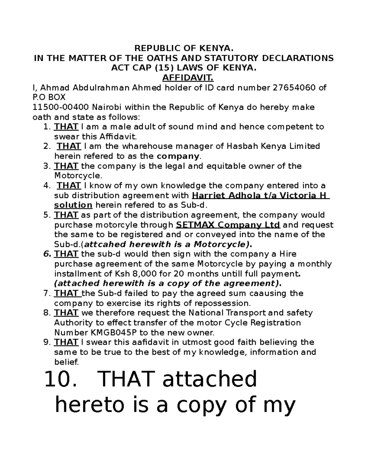 Affidavit by ahmad - MATERIALS - REPUBLIC OF KENYA. IN THE MATTER OF ...