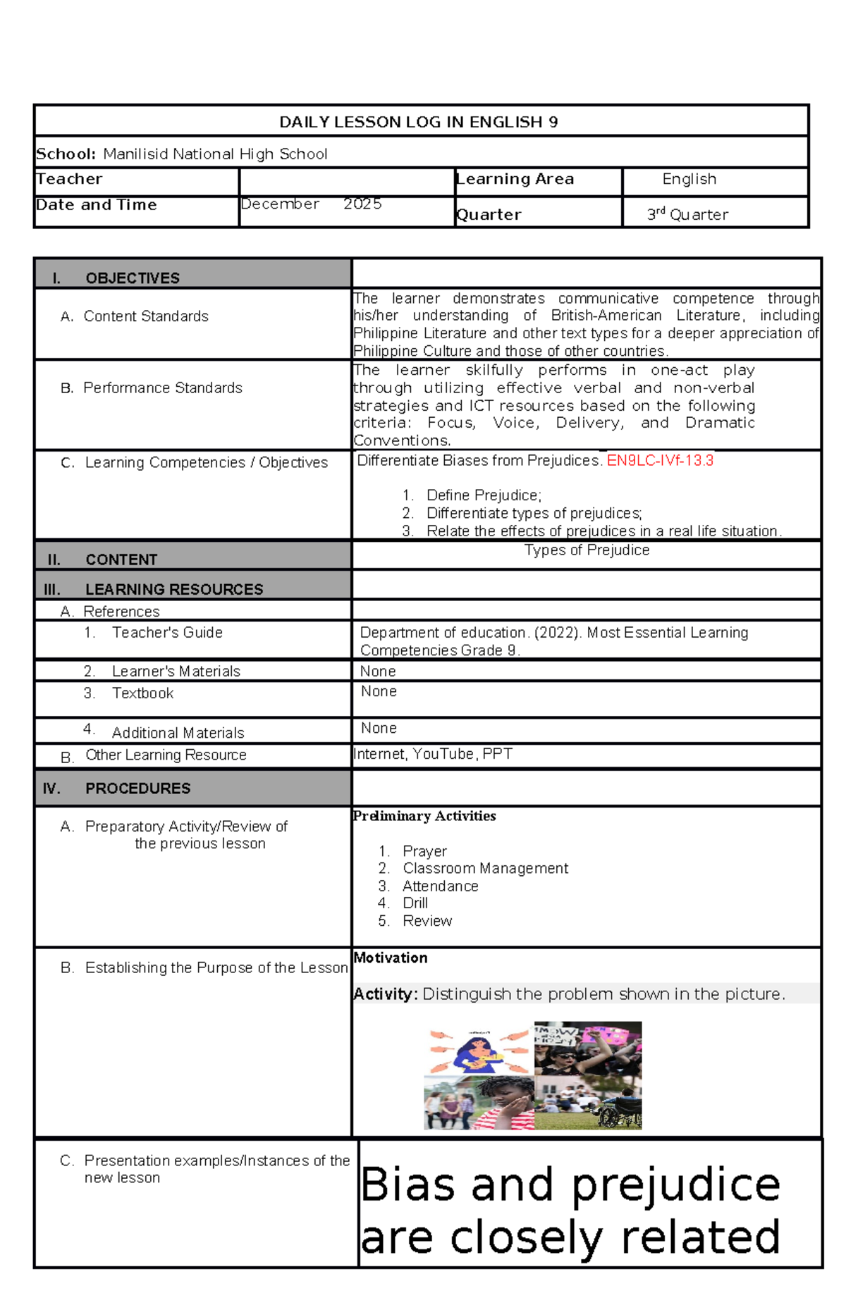 DAILY LESSON LOG: ENGLISH 9 - BIAS AND PREJUDICE - Studocu