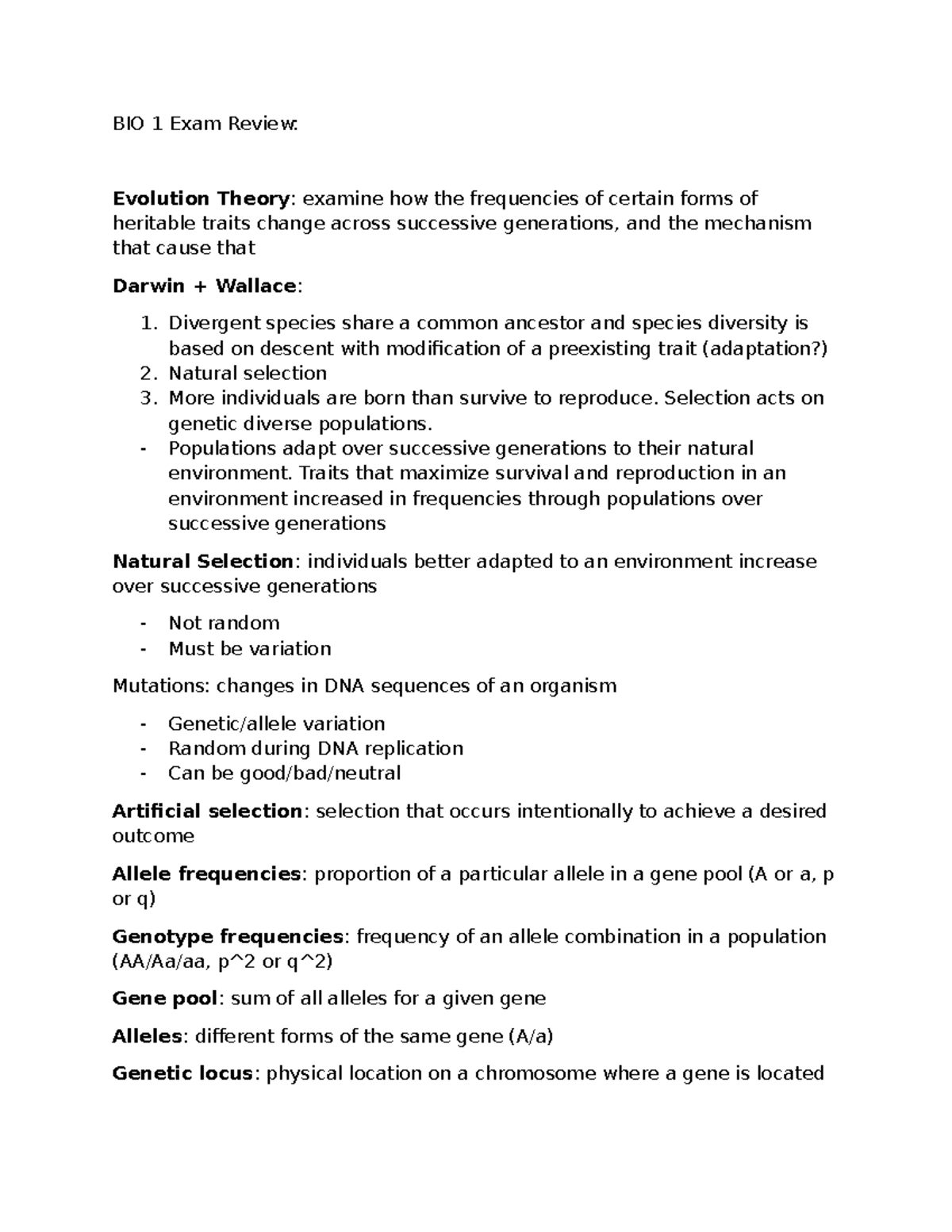 BIO 1 Final Exam Review: Evolution, Speciation & Mechanisms - Studocu