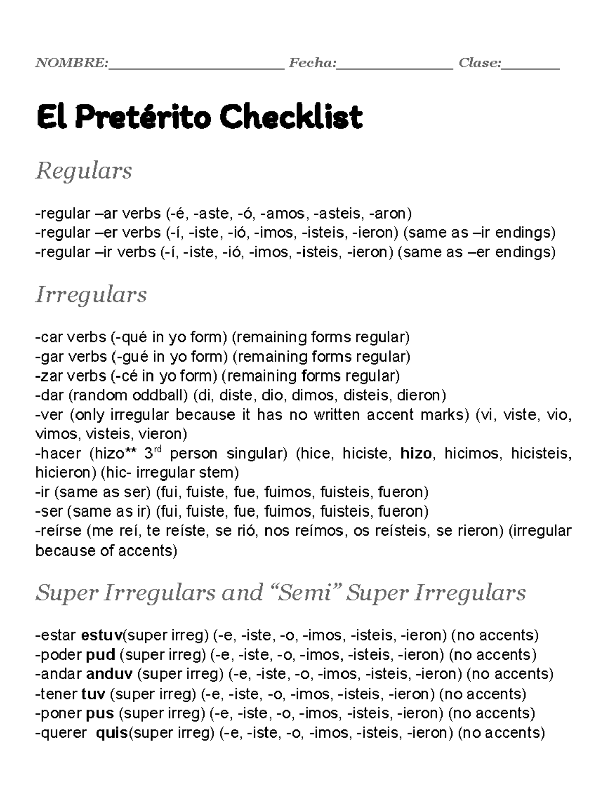 Preterite Checklist - Past Test Spanish II/III Preterito - NOMBRE ...