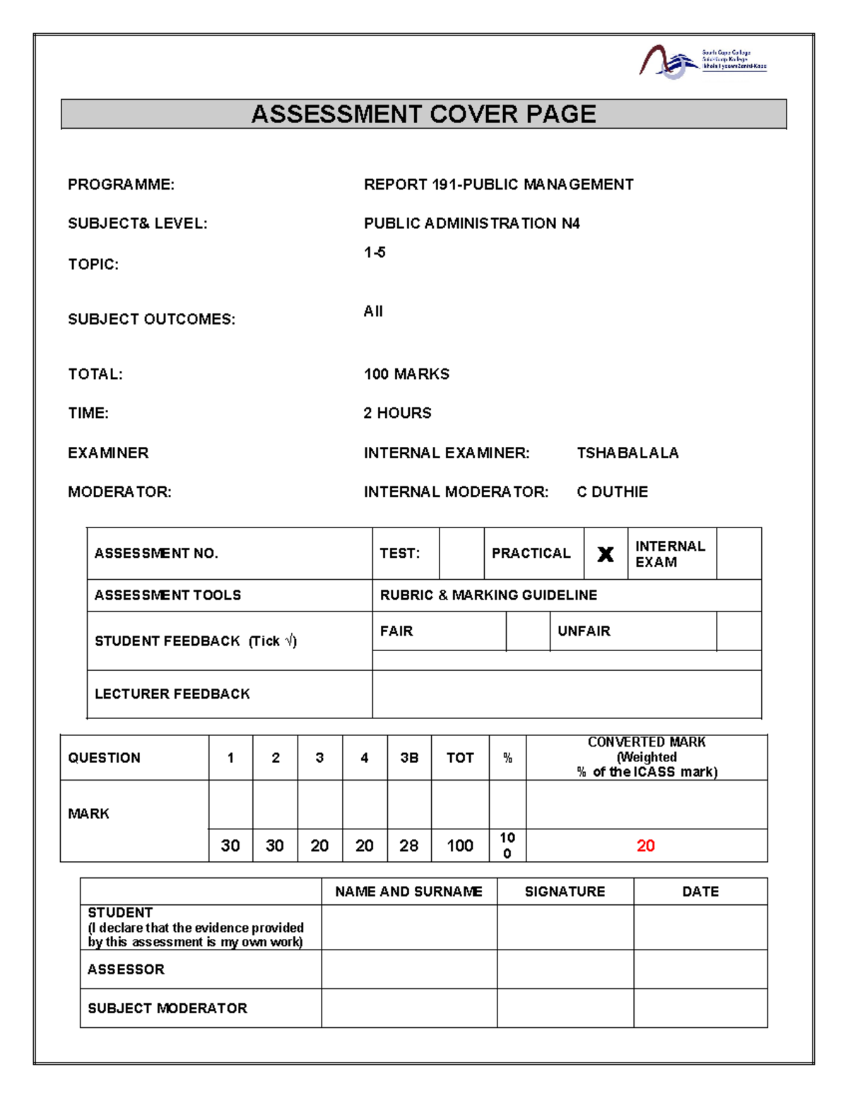 Example OF Merged Assessement - ASSESSMENT COVER PAGE PROGRAMME: REPORT ...