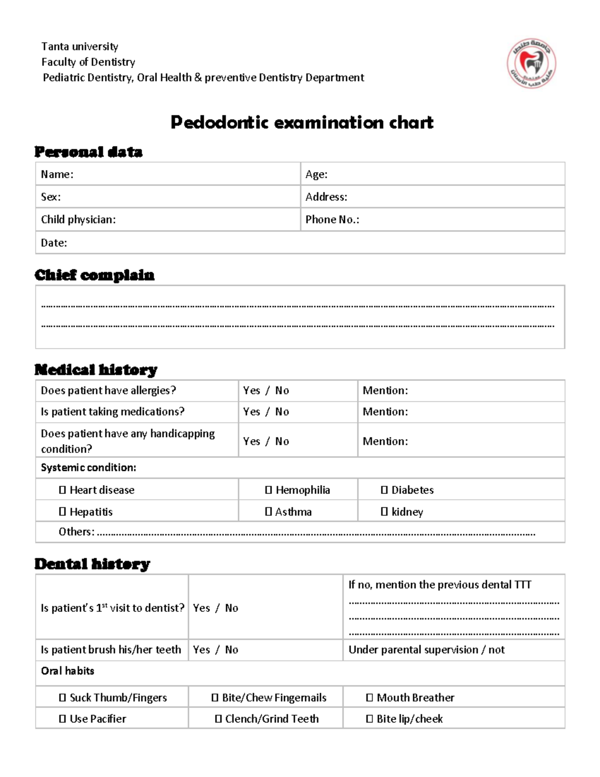 Tanta University Pediatric Dentistry Exam Chart - Studocu