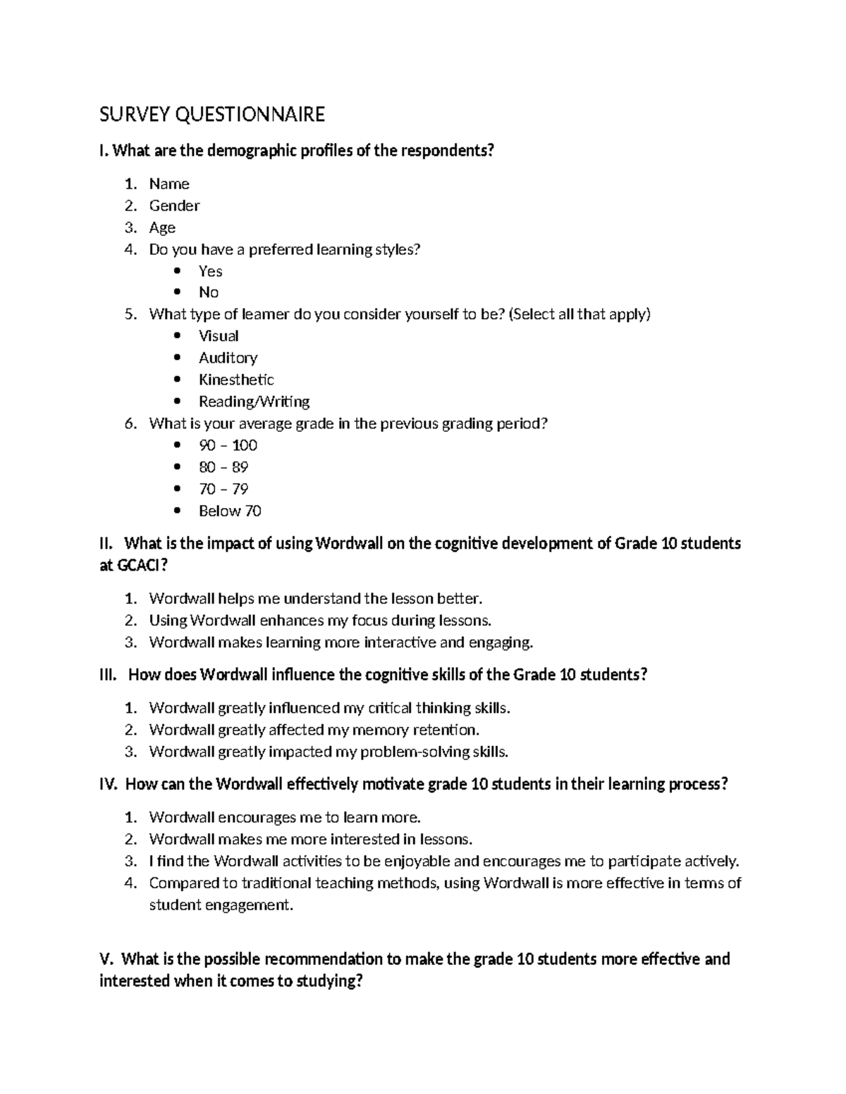 AC13 - Survey Questionnaire on Wordwall's Impact on Grade 10 Students ...