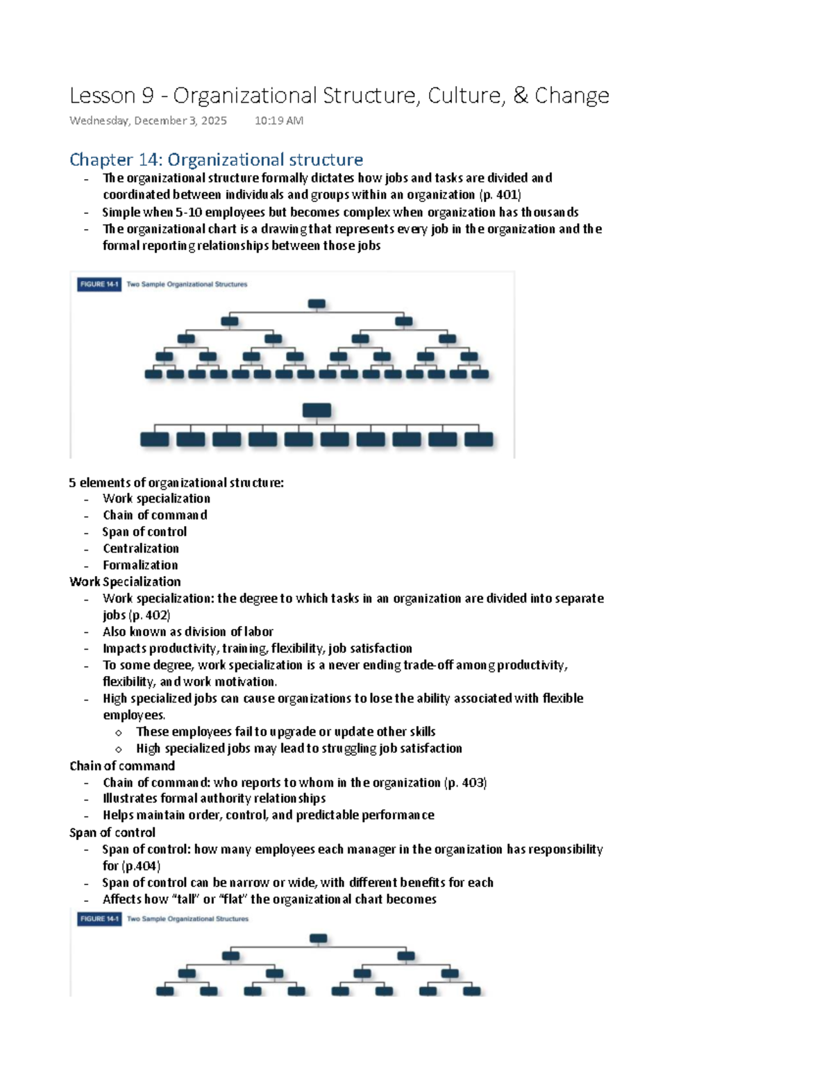 Lesson 9 - Org Structure, Culture, & Change Overview - Studocu