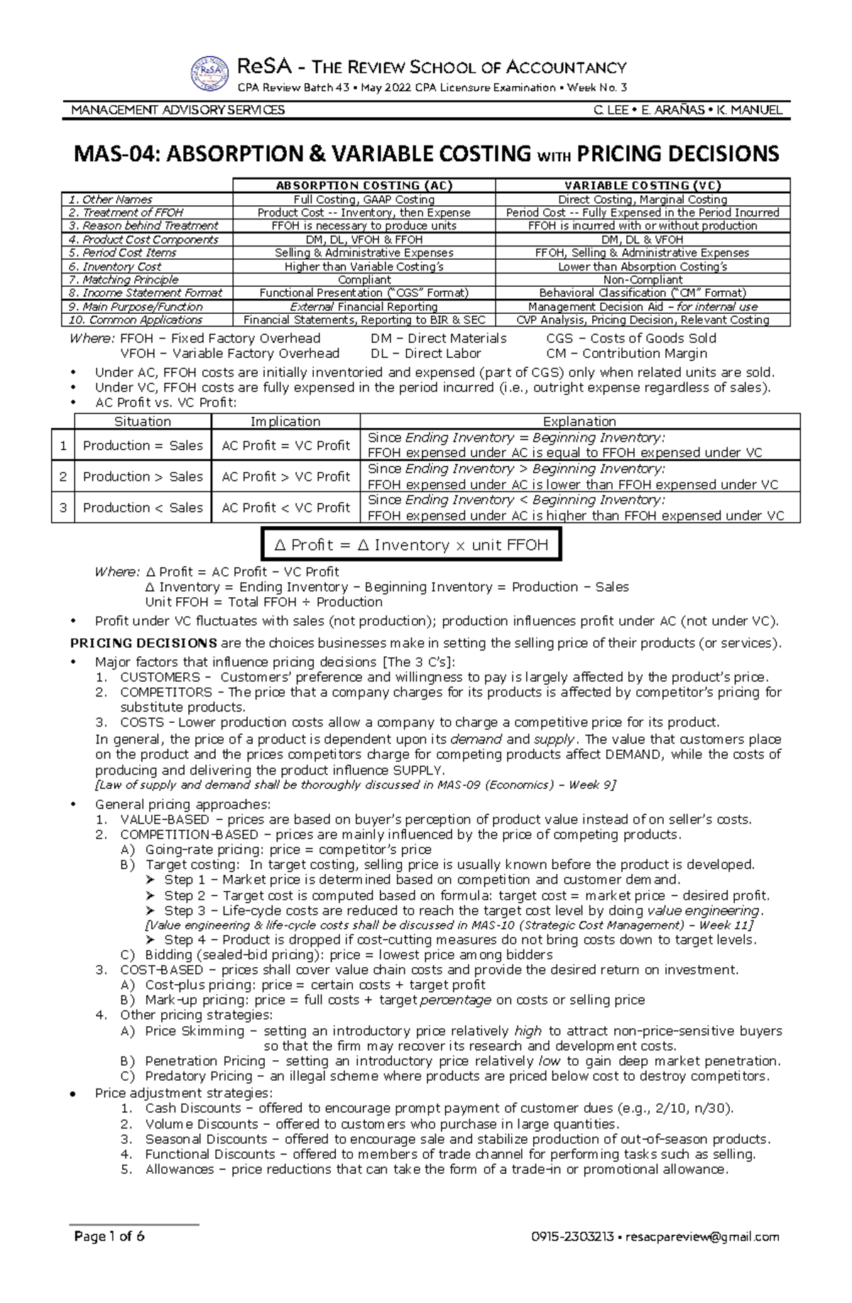 MAS-04: Absorption vs. Variable Costing & Pricing Decisions Summary ...