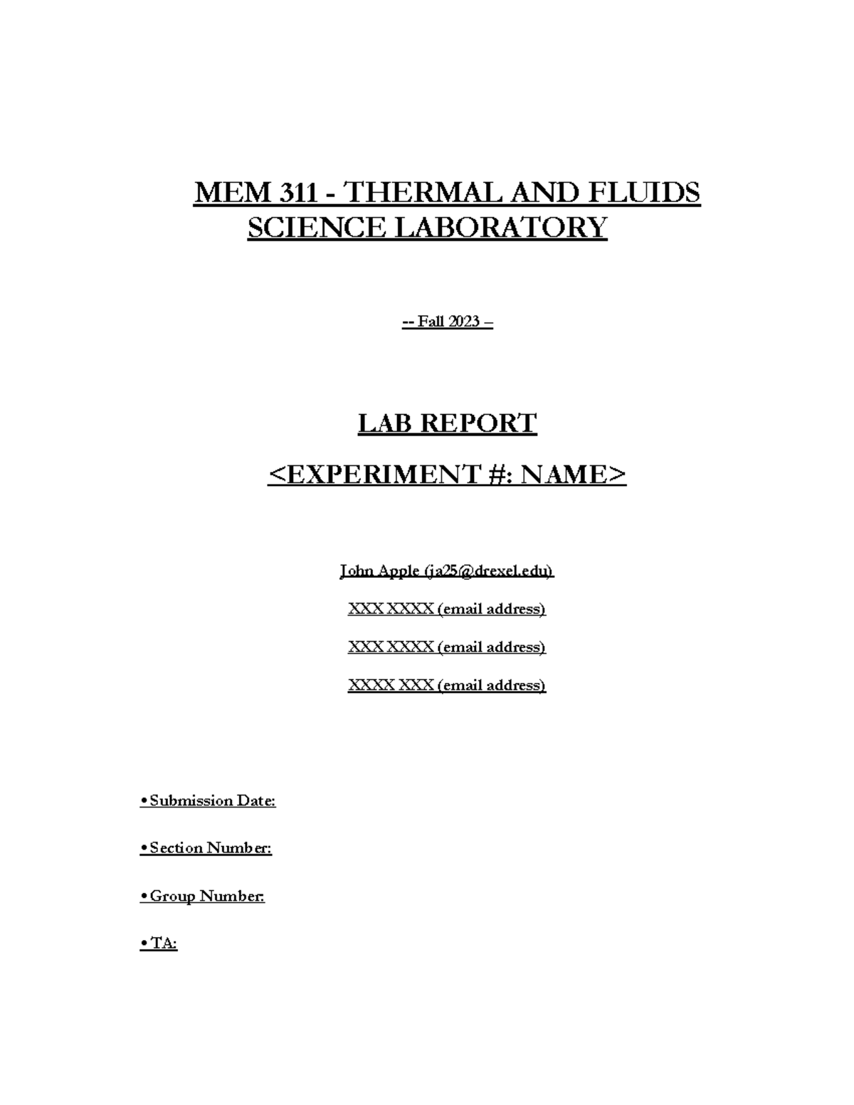 MEM 311 - Thermal and Fluids Science Lab Report - Fall 2023 - Studocu