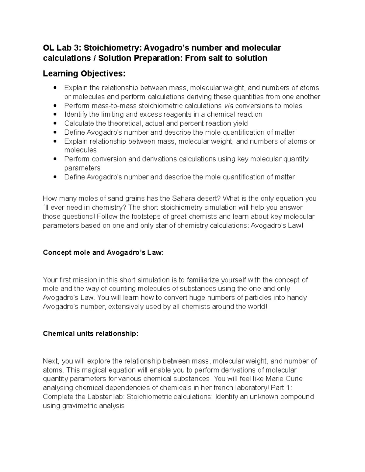 WK 3 LAB - wk 3 lab - OL Lab 3: Stoichiometry: Avogadro’s number and molecular calculations ...