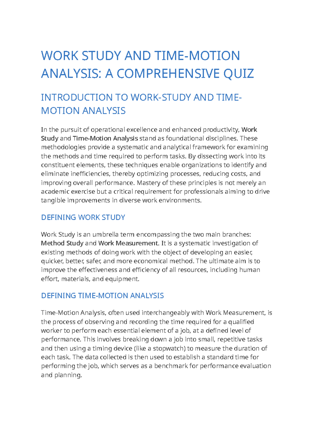 Work Study and Analysis: A Comprehensive Quiz Overview - Studocu