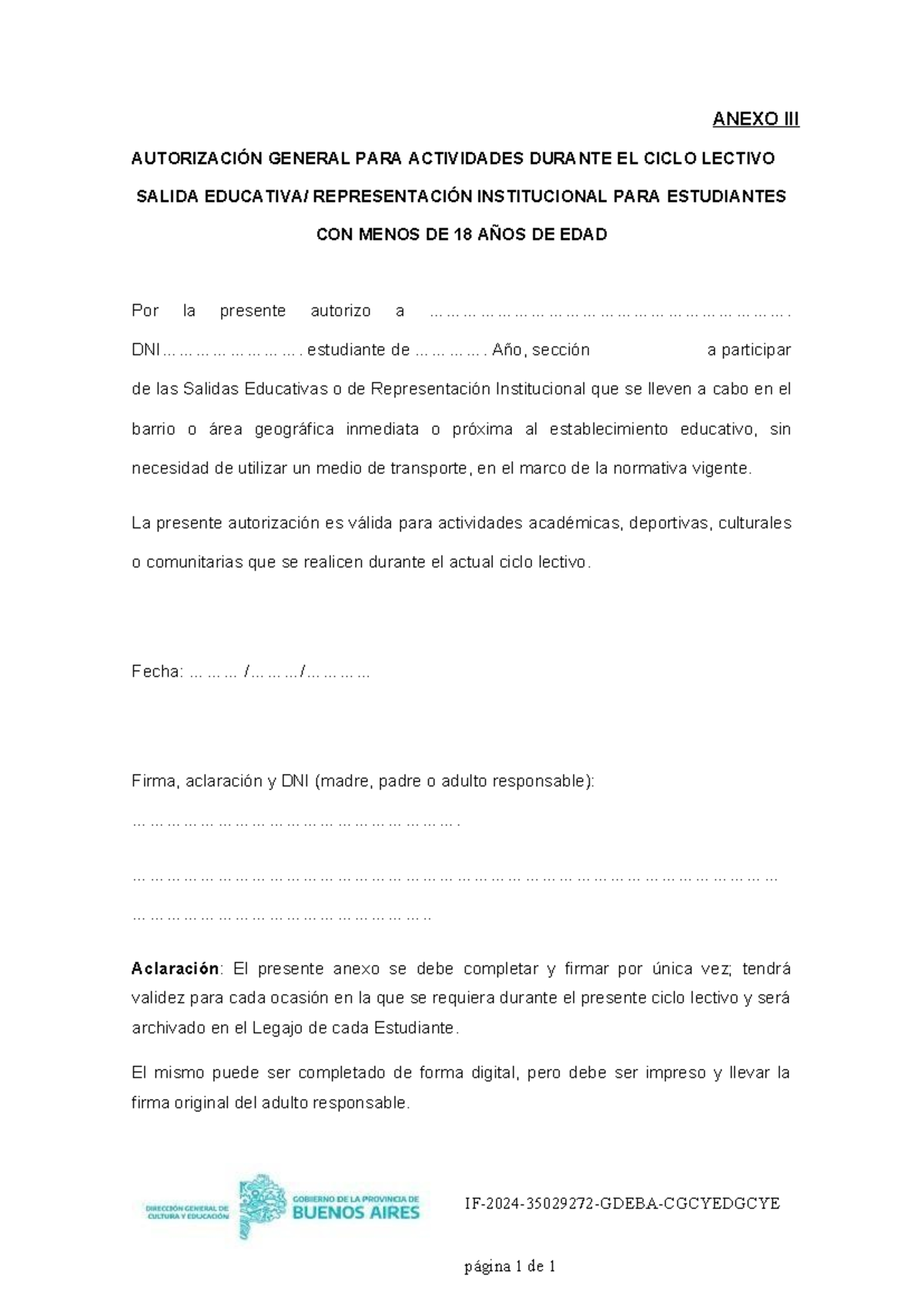 Anexo III - Autorización Para Salidas Educativas 2024 - Studocu