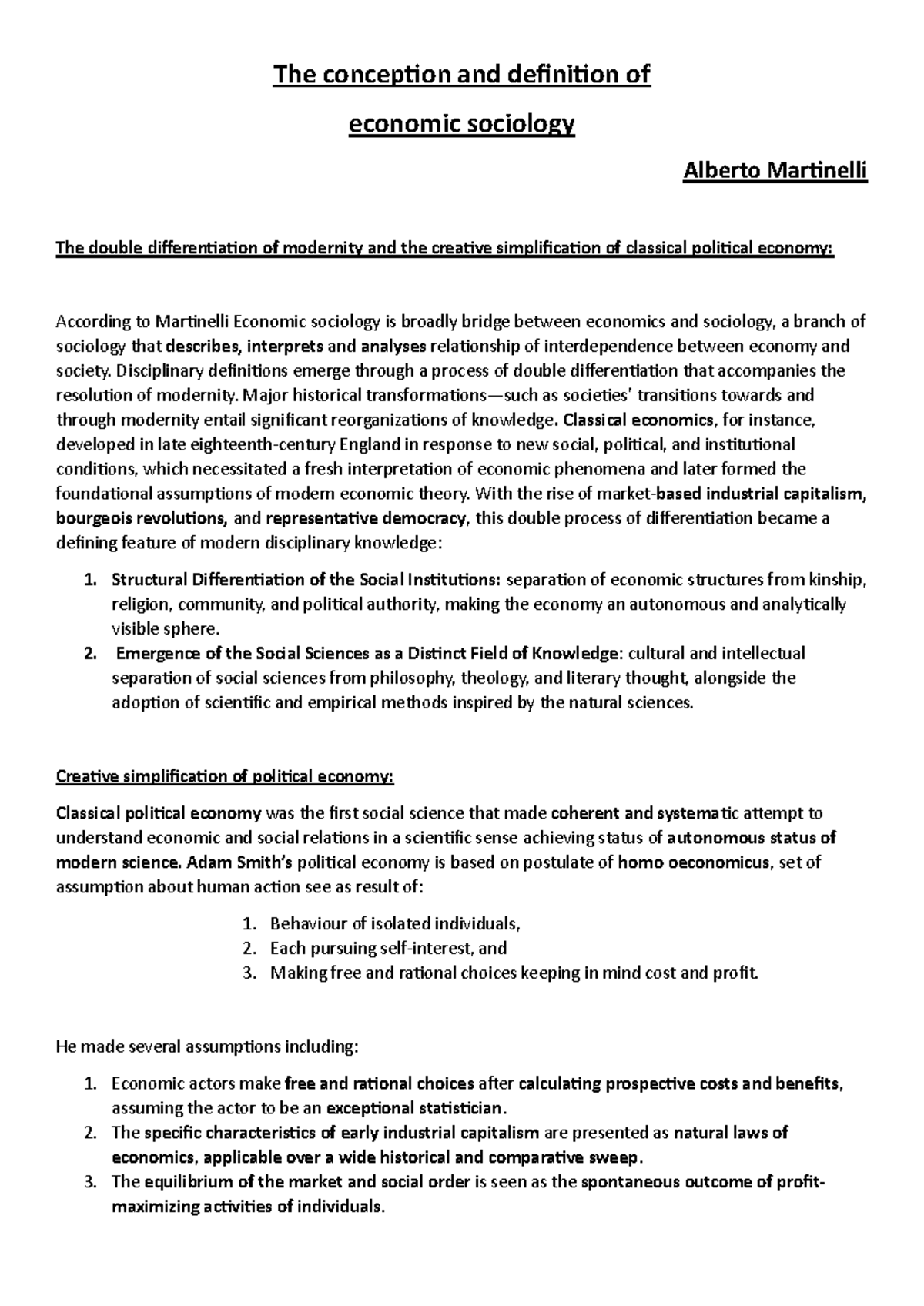 Economic Sociology: Theories and Perspectives (ECO 101) - Studocu
