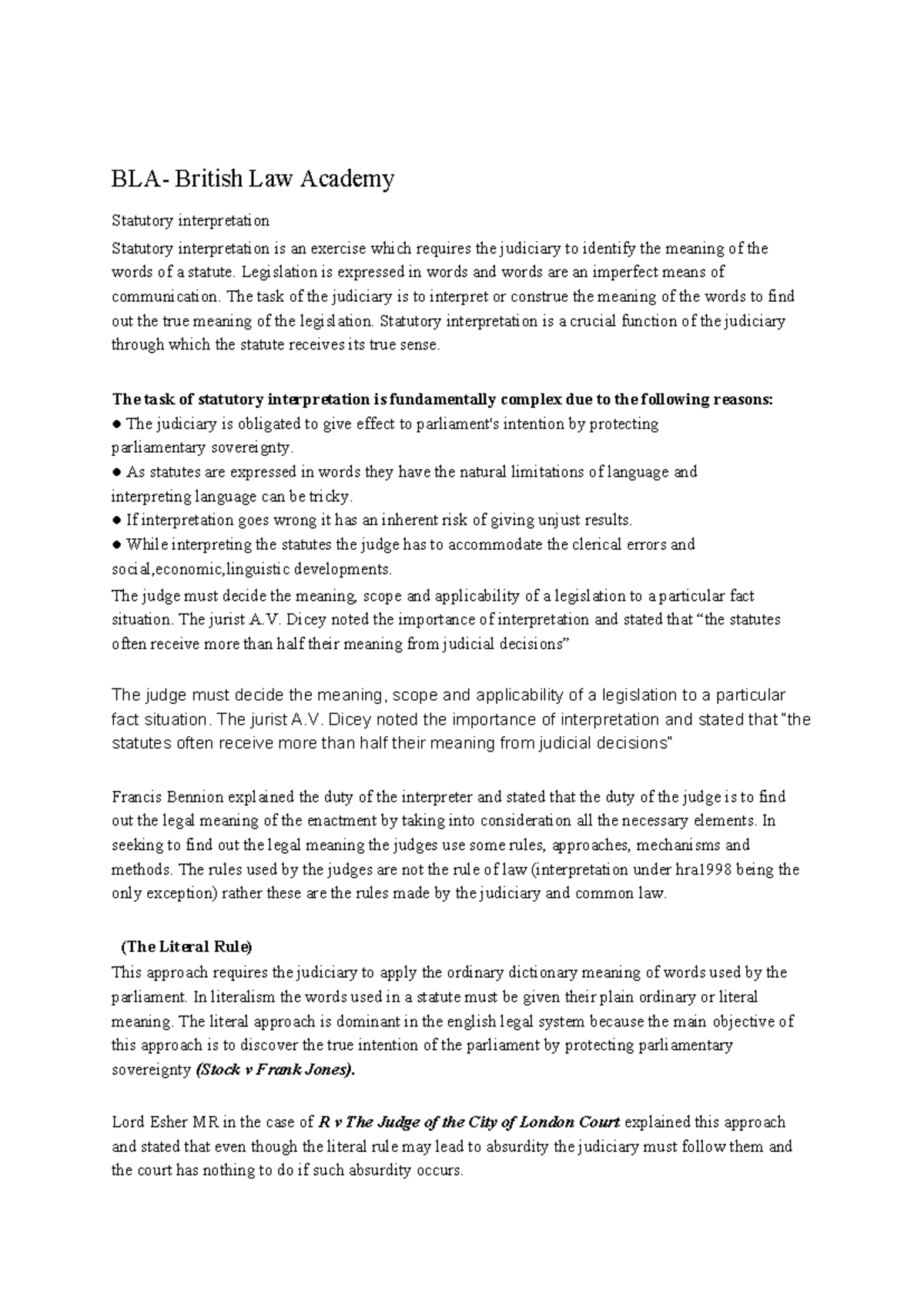 British Law Academy: Statutory Interpretation Overview - Studocu