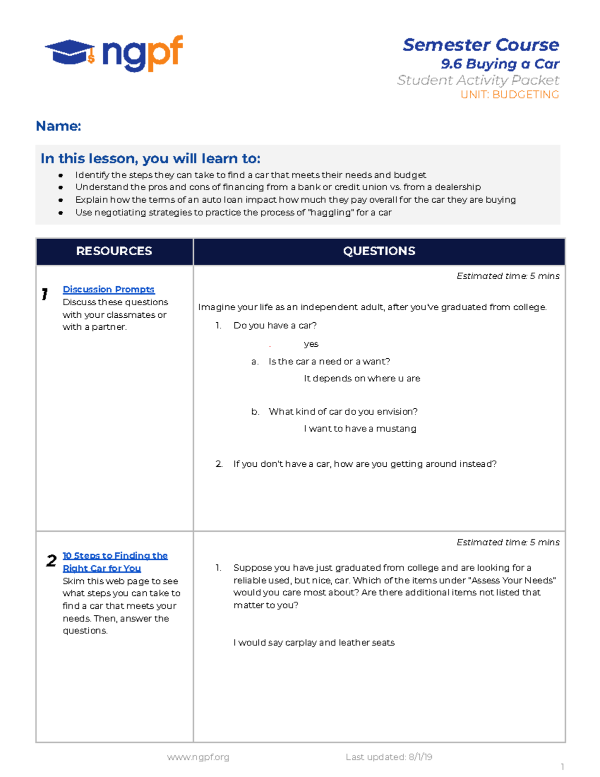 Copy of 5. Saving for a Car Activity Packet SC-9 - Semester Course 9 ...