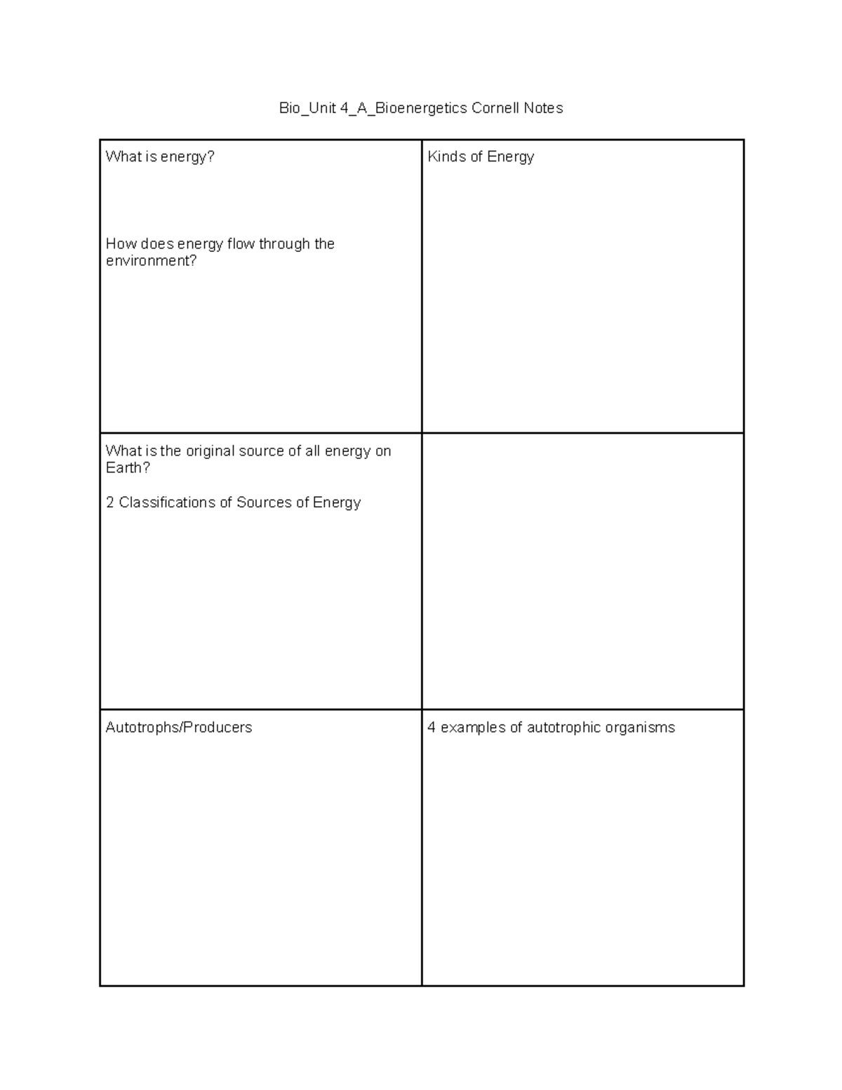Bio Unit 4A: Bioenergetics Cornell Notes Overview - BIOL 300 - Bio_Unit ...