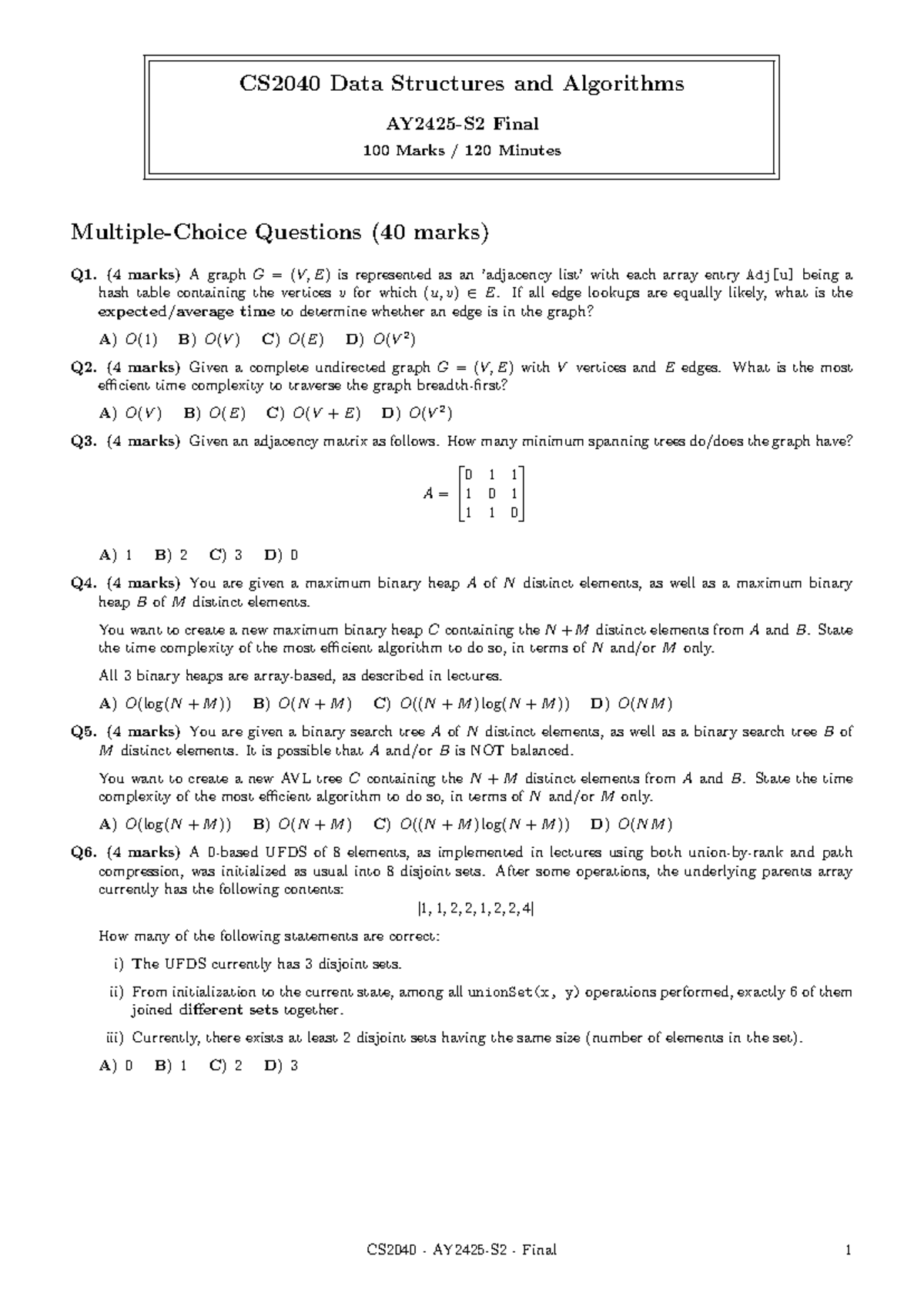 CS2040 Data Structures and Algorithms Final Exam Questions - Studocu