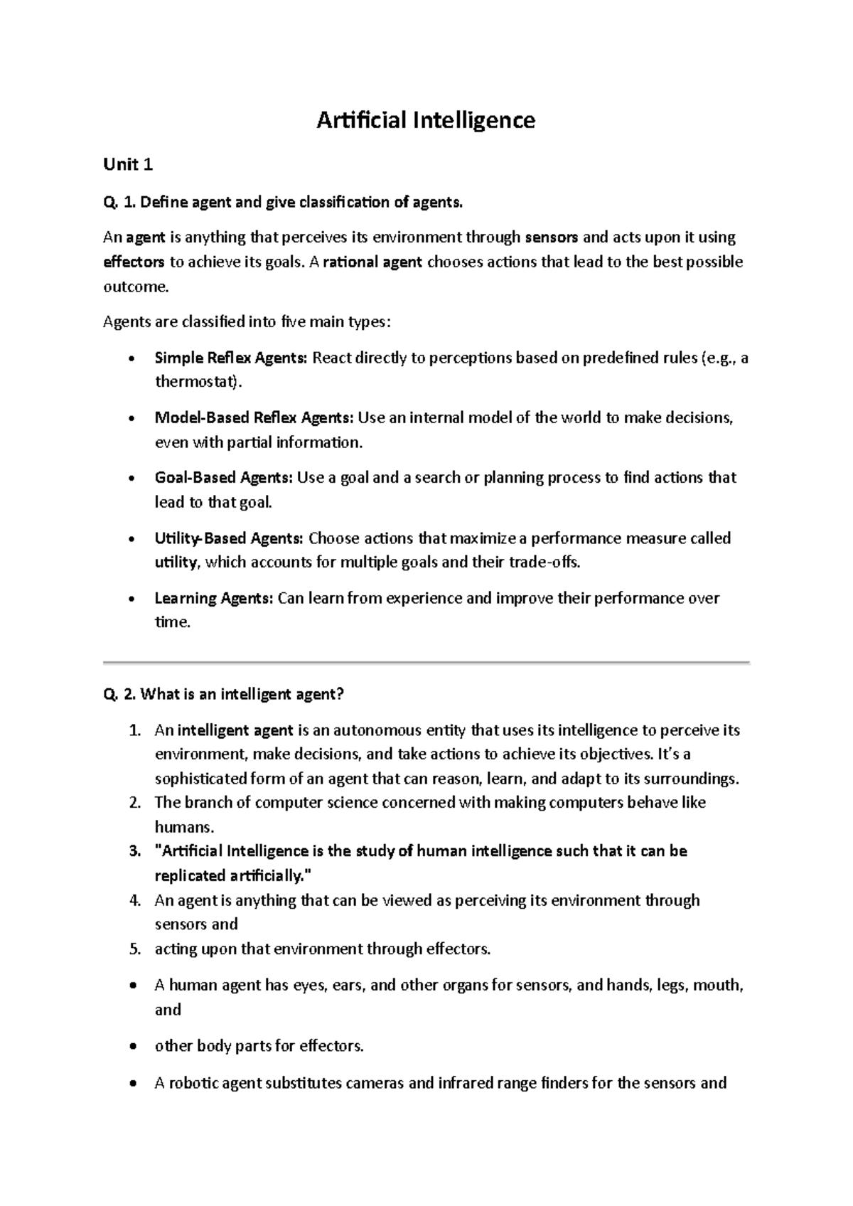 Artificial Intelligence Unit 1 Exam Notes - Studocu