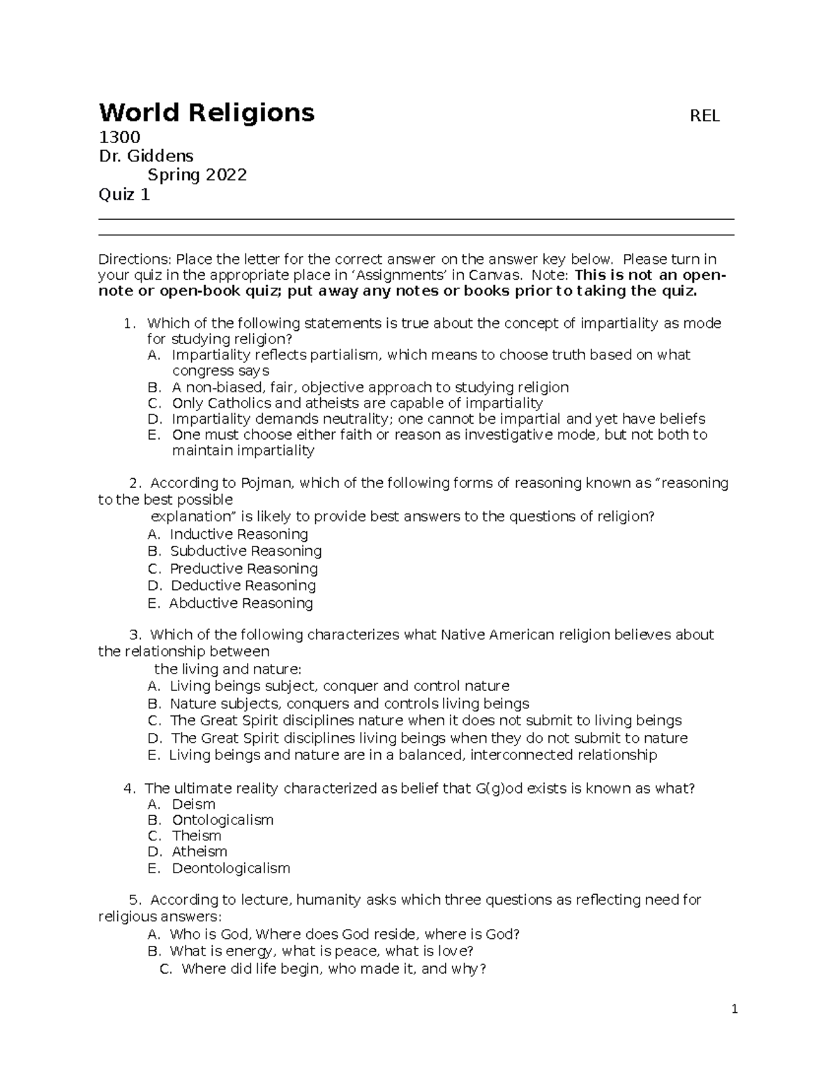 REL 1300 Quiz 1 Questions & Answers Overview - Spring 2022 - Studocu