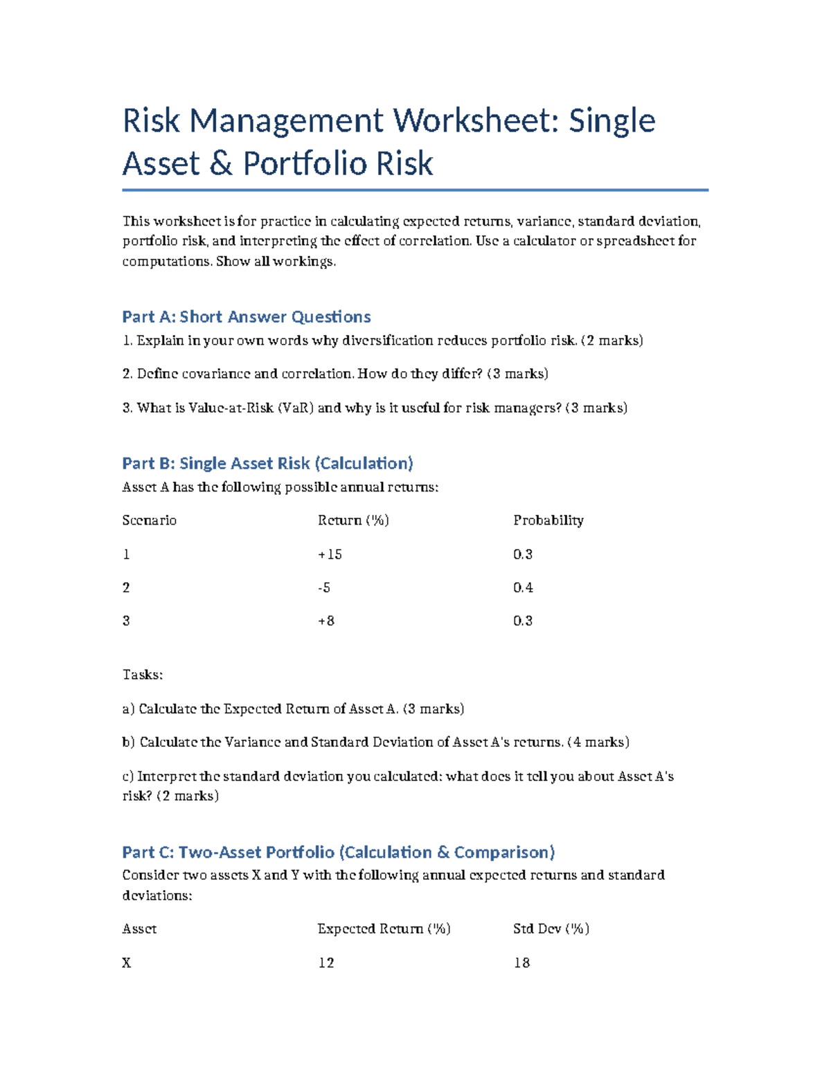 Risk Management Worksheet (Lecture 2): Portfolio Risk Calculations ...