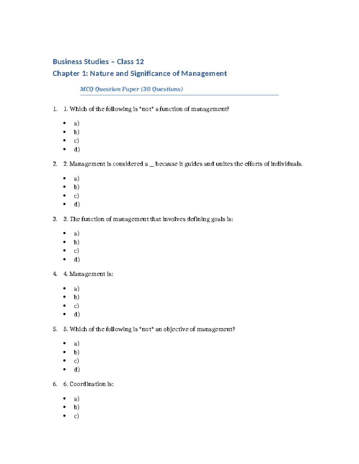 Business Studies Class 12: Chapter 1 Management MCQ Paper (30 Qs) - Studocu