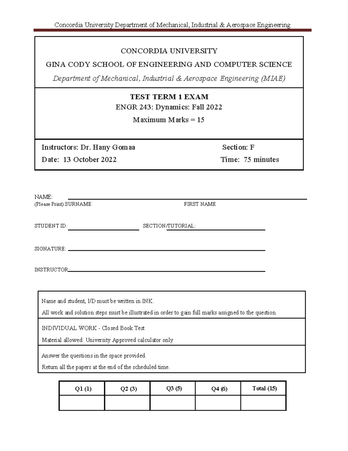 ENGR 243: Dynamics Term 1 Exam Answers - Fall 2022 - Studocu
