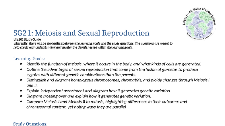 SG21: Meiosis & Sexual Reproduction Study Guide F25 Final Exam - Studocu