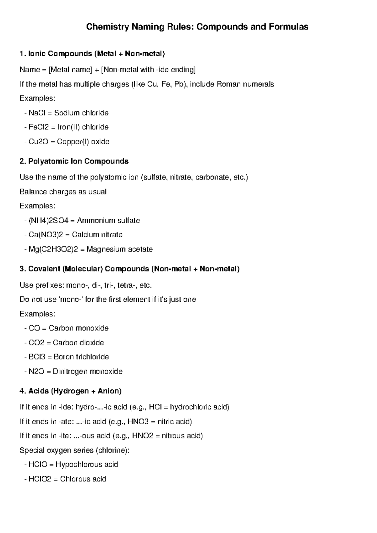 Chemistry Naming Rules: Compounds & Formulas Guide - Studocu