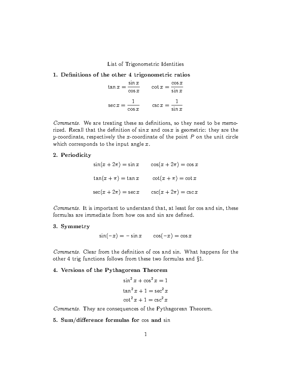 Trigonometric Identities & Formulas (1720 - Resources) - Studocu