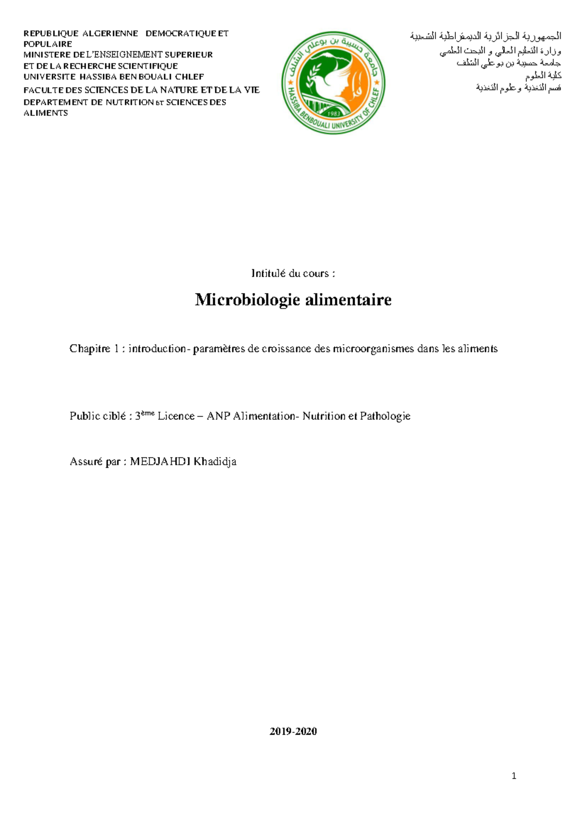 Cours 2 : Microbiologie Alimentaire - Chapitre 1 : Croissance des - Studocu