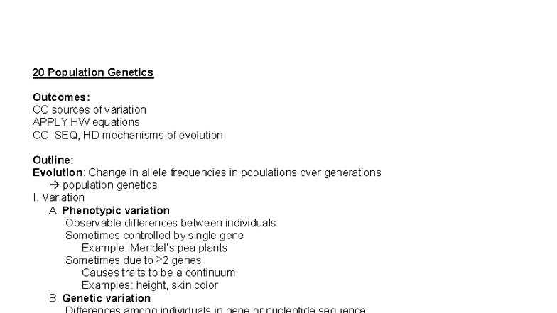 20 Population Genetics Outcomes: CC Variation, HW Equations & Evolution ...