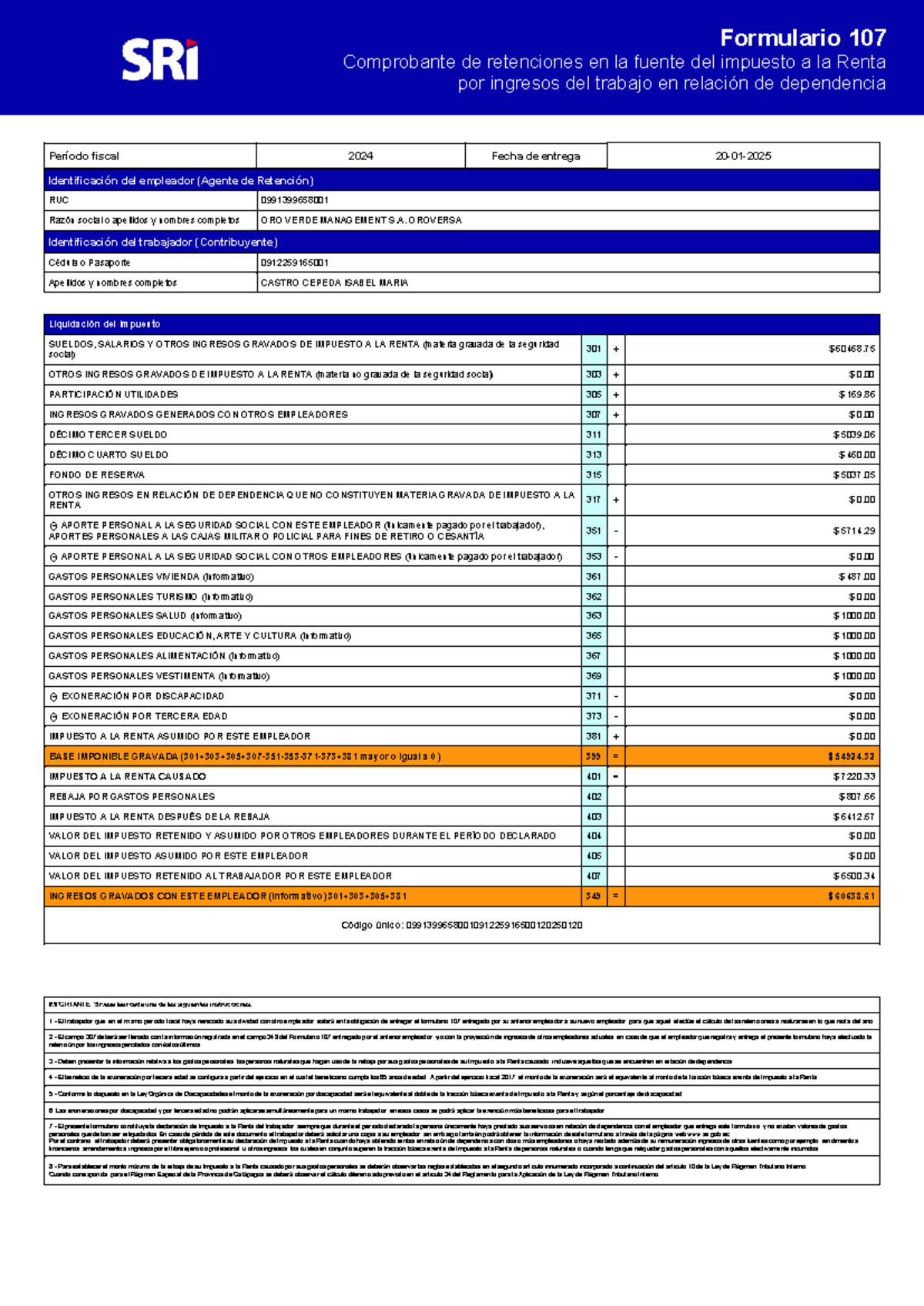 Formulario 107: Comprobante de Retenciones Impuesto Renta 2024 - Studocu