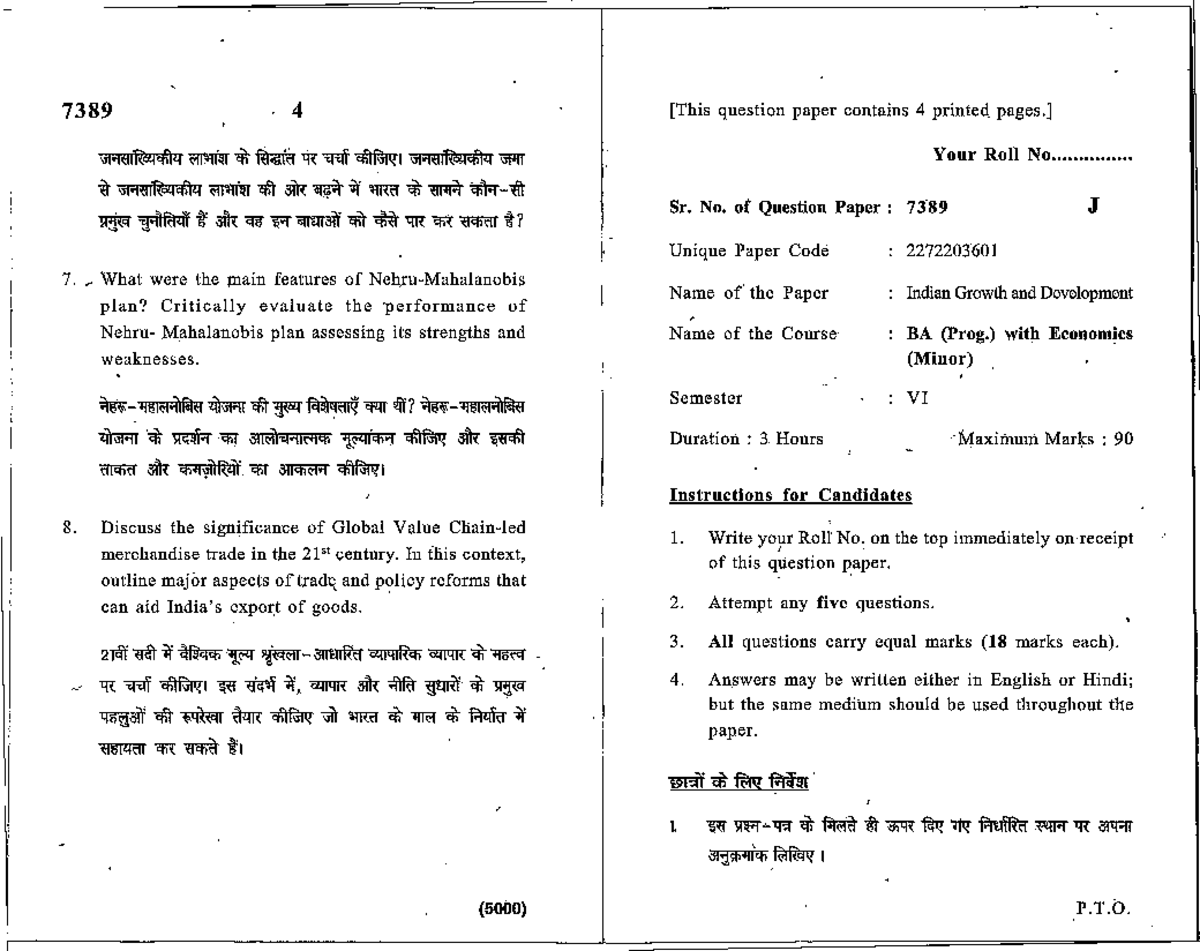 BA (Prog.) Economics 7389 Final Exam Question Paper on Indian Growth ...