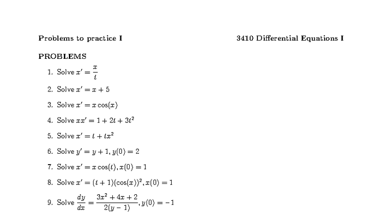 3410 Differential Equations I - Practice Problems and Solutions - Studocu