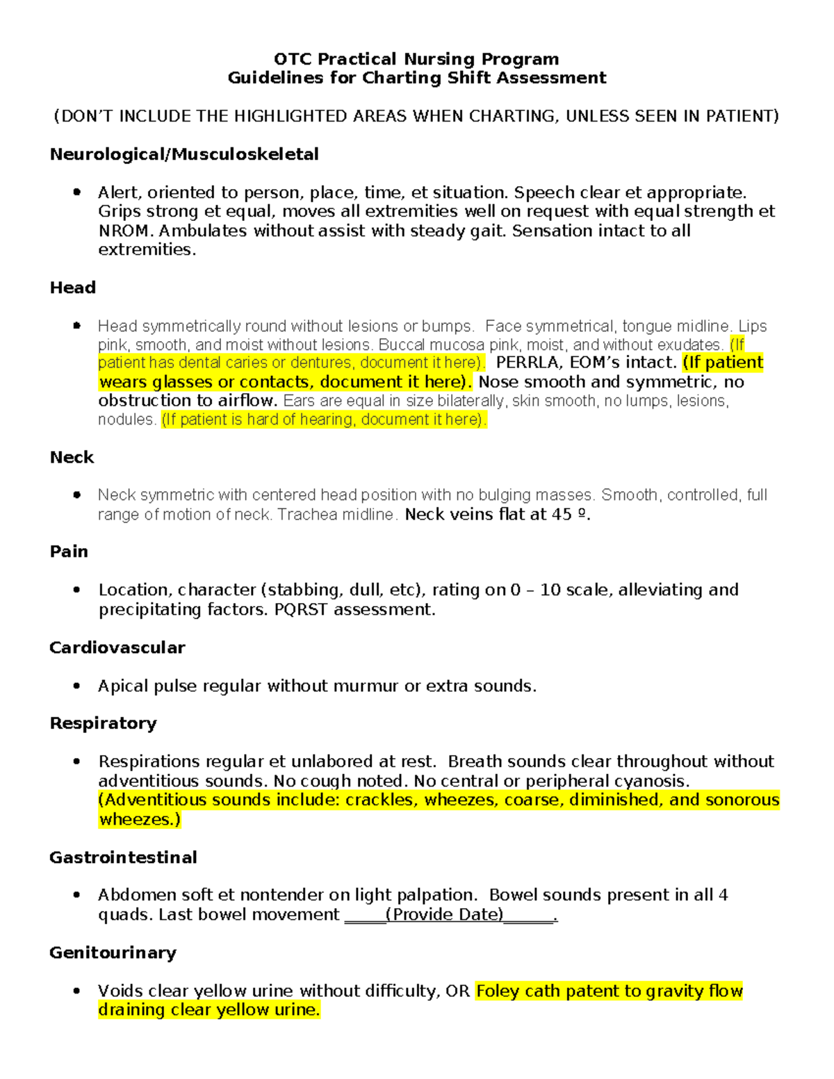 OTC Practical Nursing Program: Shift Assessment Charting Guidelines ...