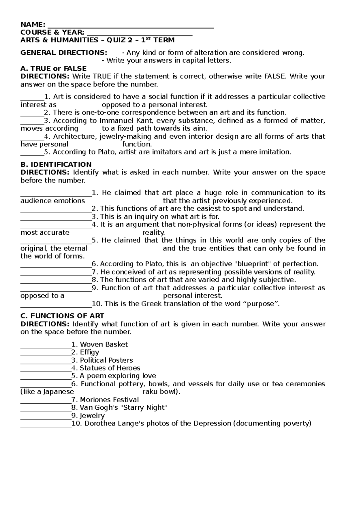 ARTS & Humanities – QUIZ 2 – 1ST TERM: Functions of Art - Studocu